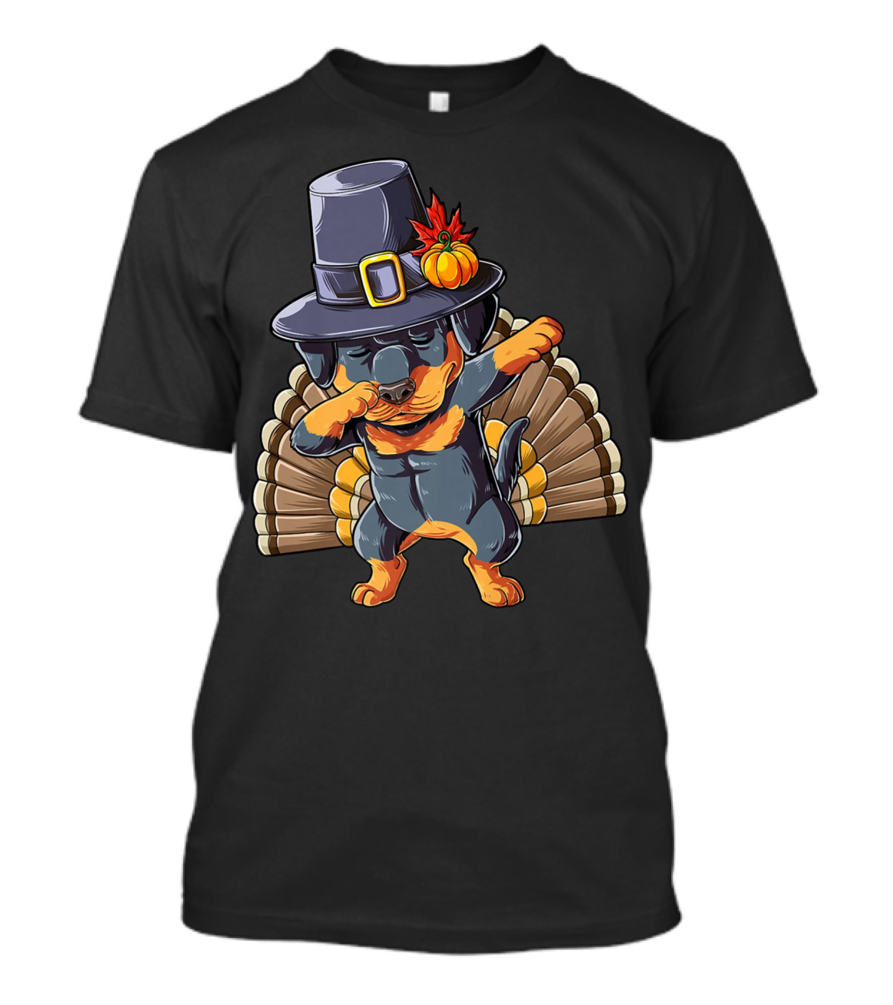 Thanksgiving Dabbing Rottweiler In Pilgrim Hat With Turkey Feathers T-Shirt
