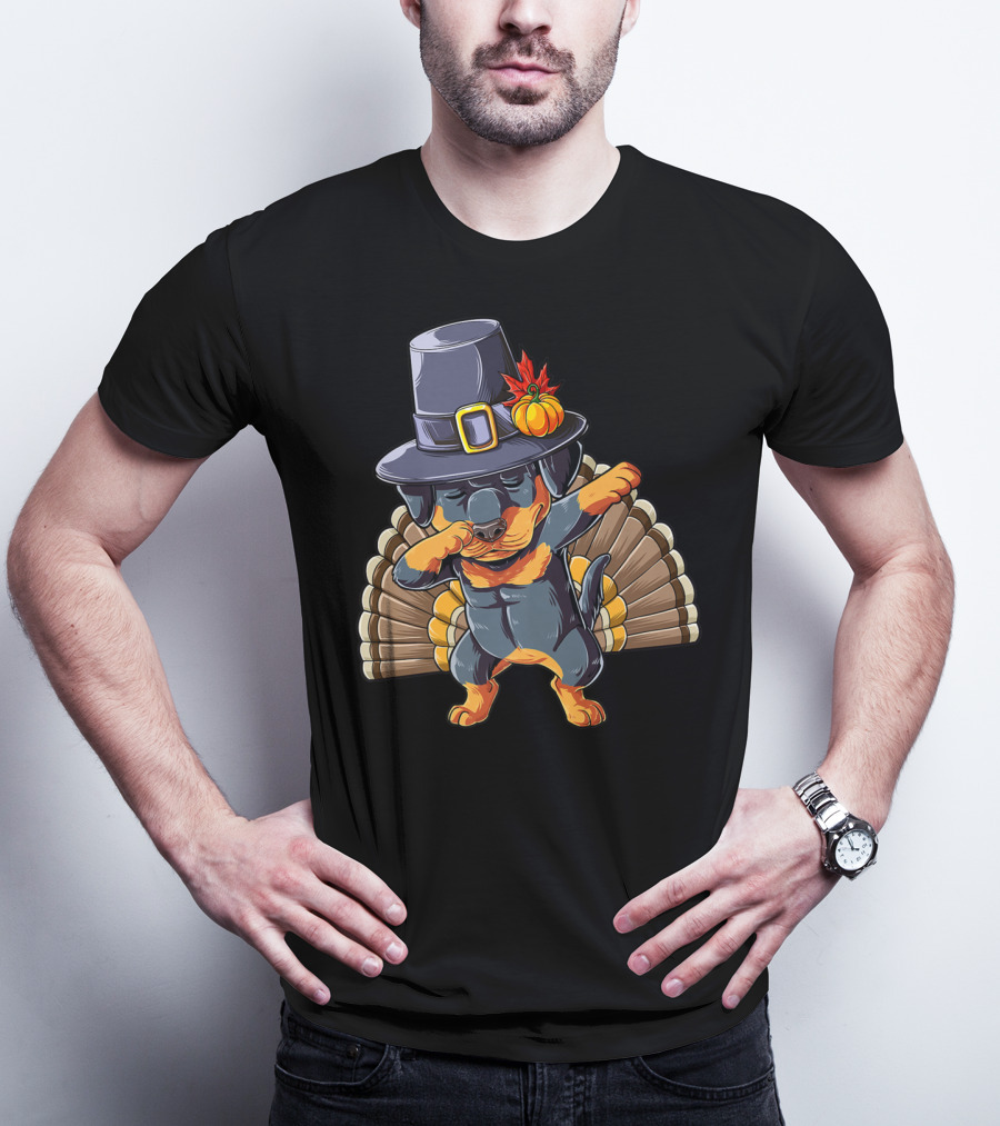 Thanksgiving Dabbing Rottweiler In Pilgrim Hat With Turkey Feathers T-Shirt