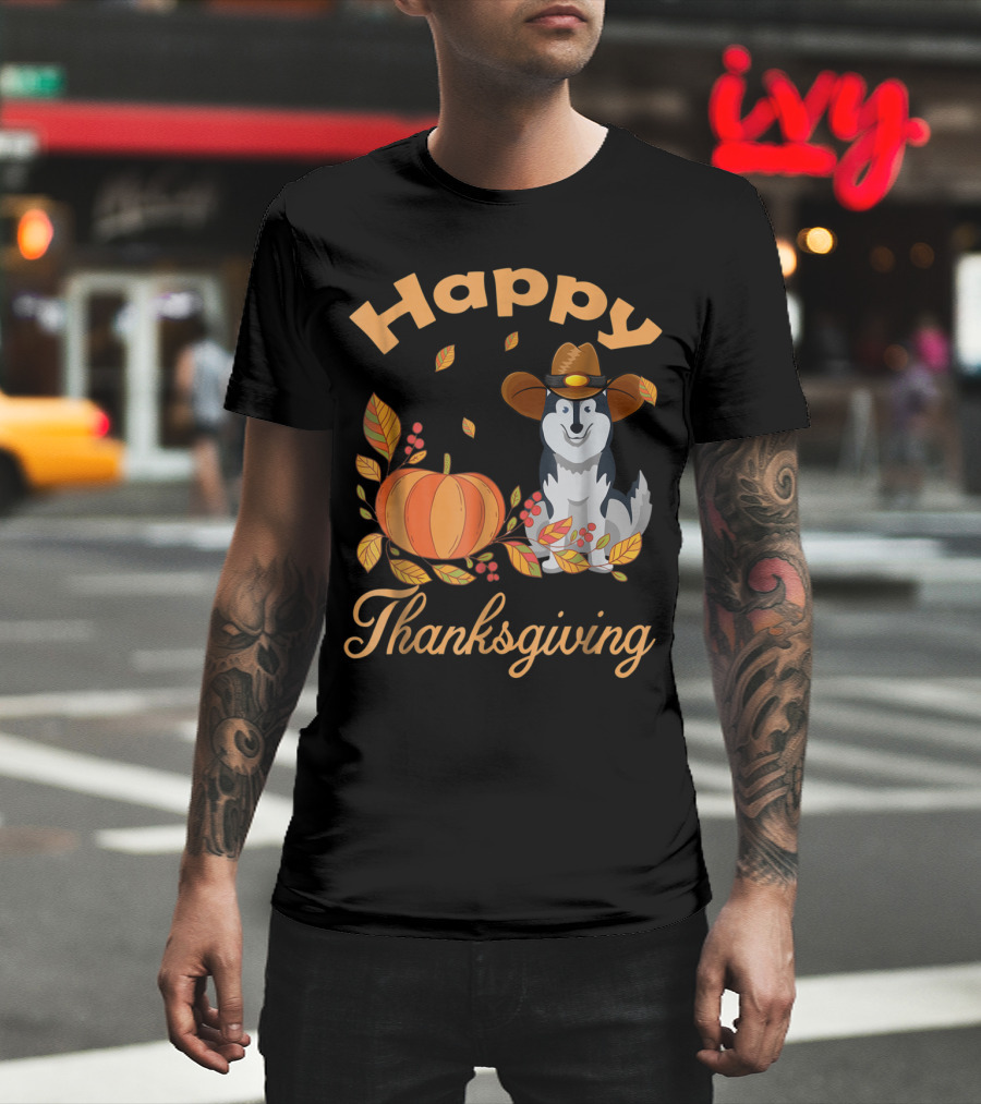 Happy Thanksgiving Siberian Husky With Pumpkin And Fall Leaves T-Shirt
