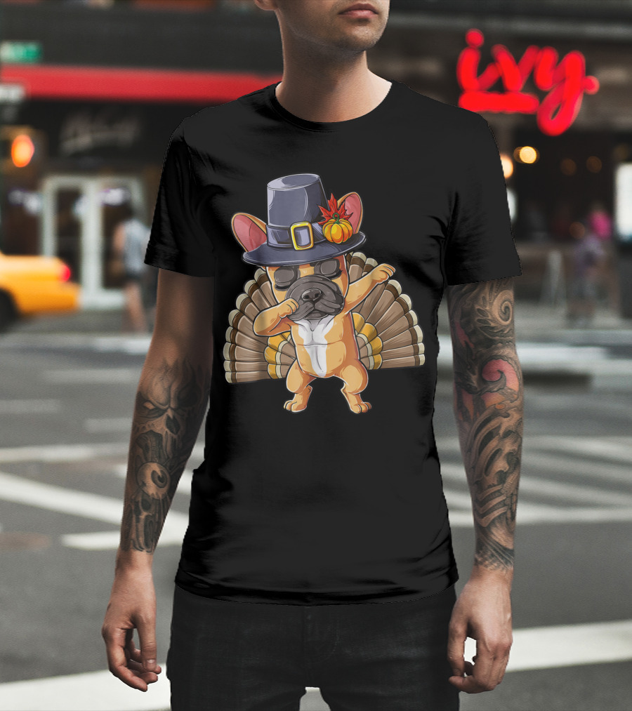 Thanksgiving Dabbing French Bulldog Pilgrim Hat Turkey Tail T-Shirt