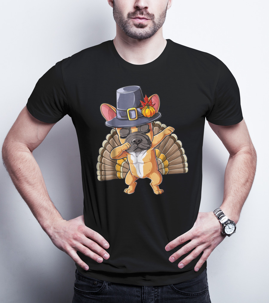 Thanksgiving Dabbing French Bulldog Pilgrim Hat Turkey Tail T-Shirt