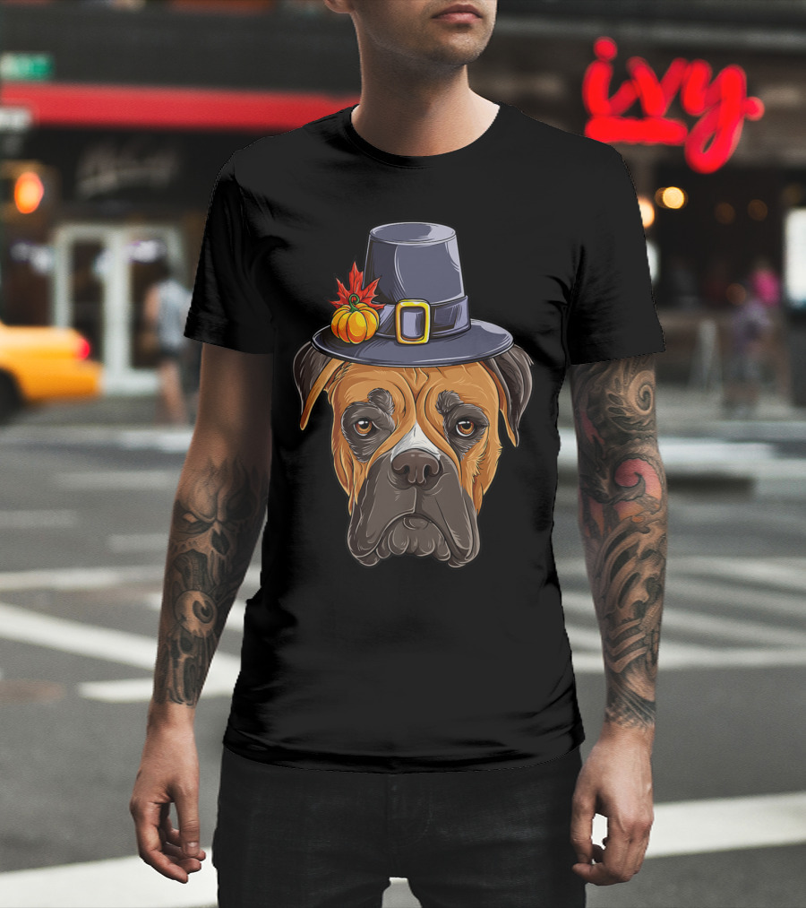 Thanksgiving Boxer Dog Pilgrim Hat Pumpkin Leaf T-Shirt