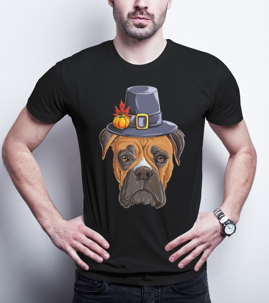 Thanksgiving Boxer Dog Pilgrim Hat Pumpkin Leaf T-Shirt