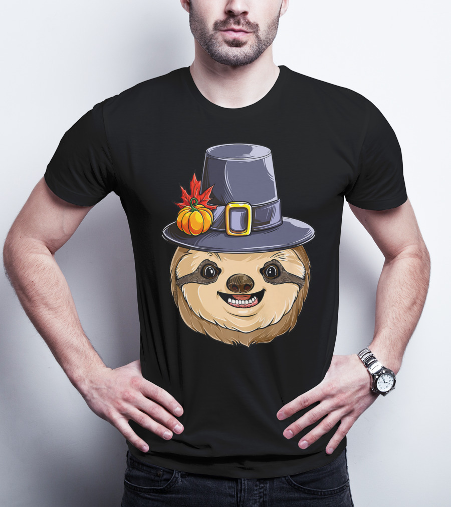 Thanksgiving Sloth With Pilgrim Hat Pumpkin And Autumn Leaves T-Shirt