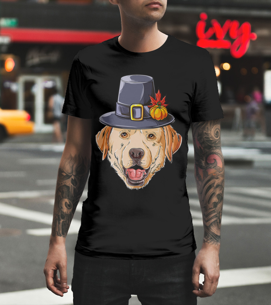 Thanksgiving Dog In Pilgrim Hat With Pumpkin And Leaf T-Shirt