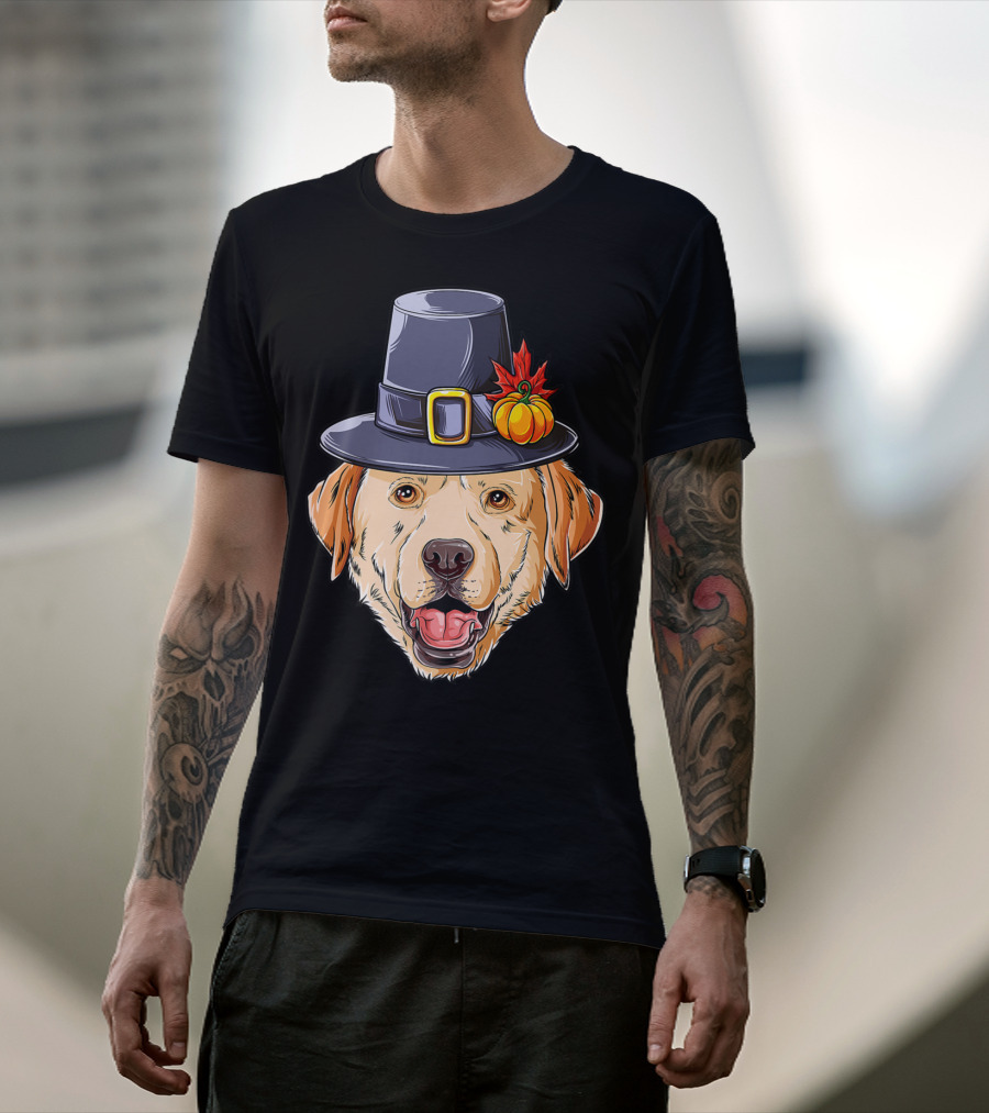 Thanksgiving Dog In Pilgrim Hat With Pumpkin And Leaf T-Shirt