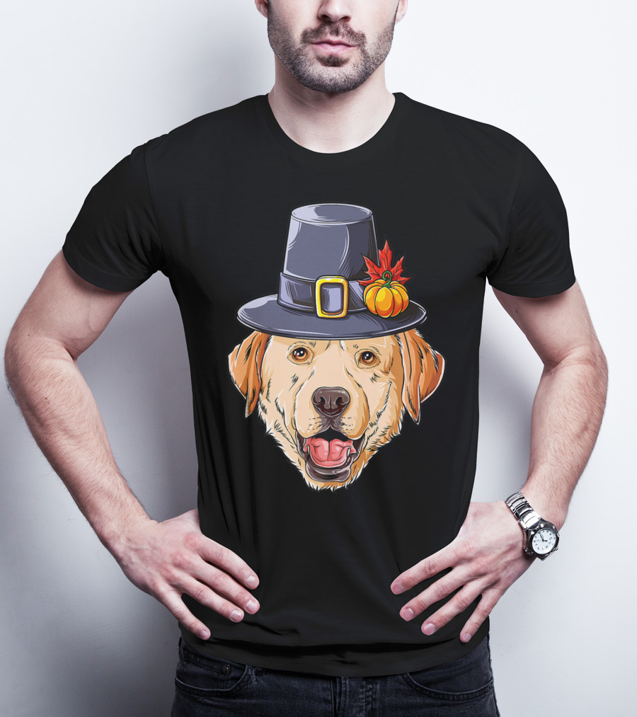 Thanksgiving Dog In Pilgrim Hat With Pumpkin And Leaf T-Shirt