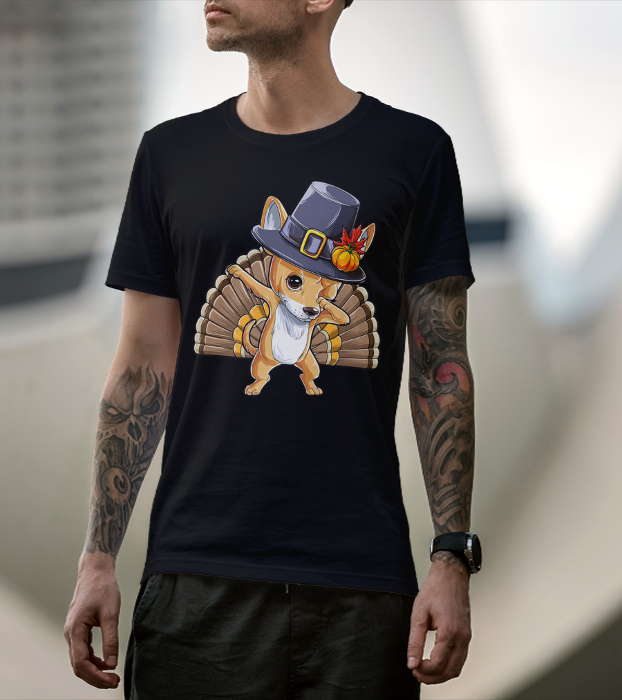 Thanksgiving Dabbing Chihuahua Pilgrim Hat Turkey Feathers T-Shirt