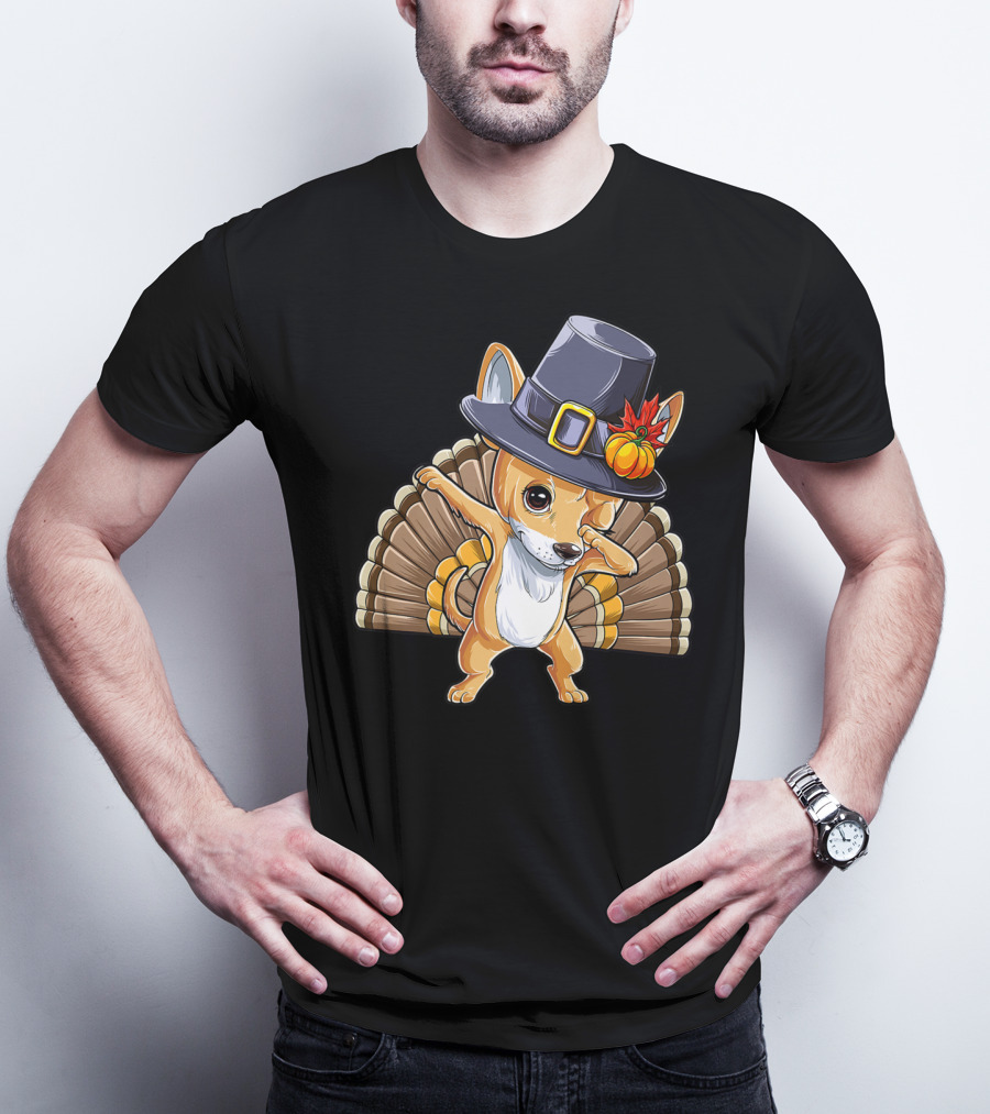 Thanksgiving Dabbing Chihuahua Pilgrim Hat Turkey Feathers T-Shirt