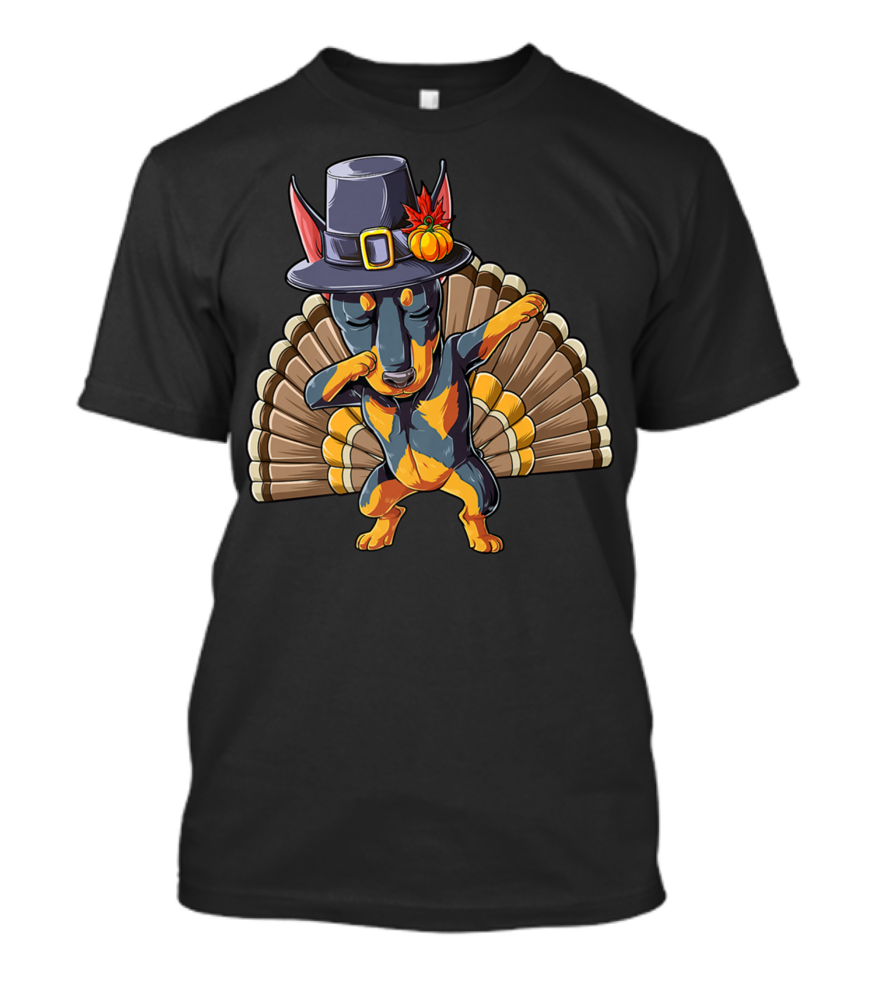 Thanksgiving Dabbing Doberman Pilgrim Hat Turkey Feather Background T-Shirt