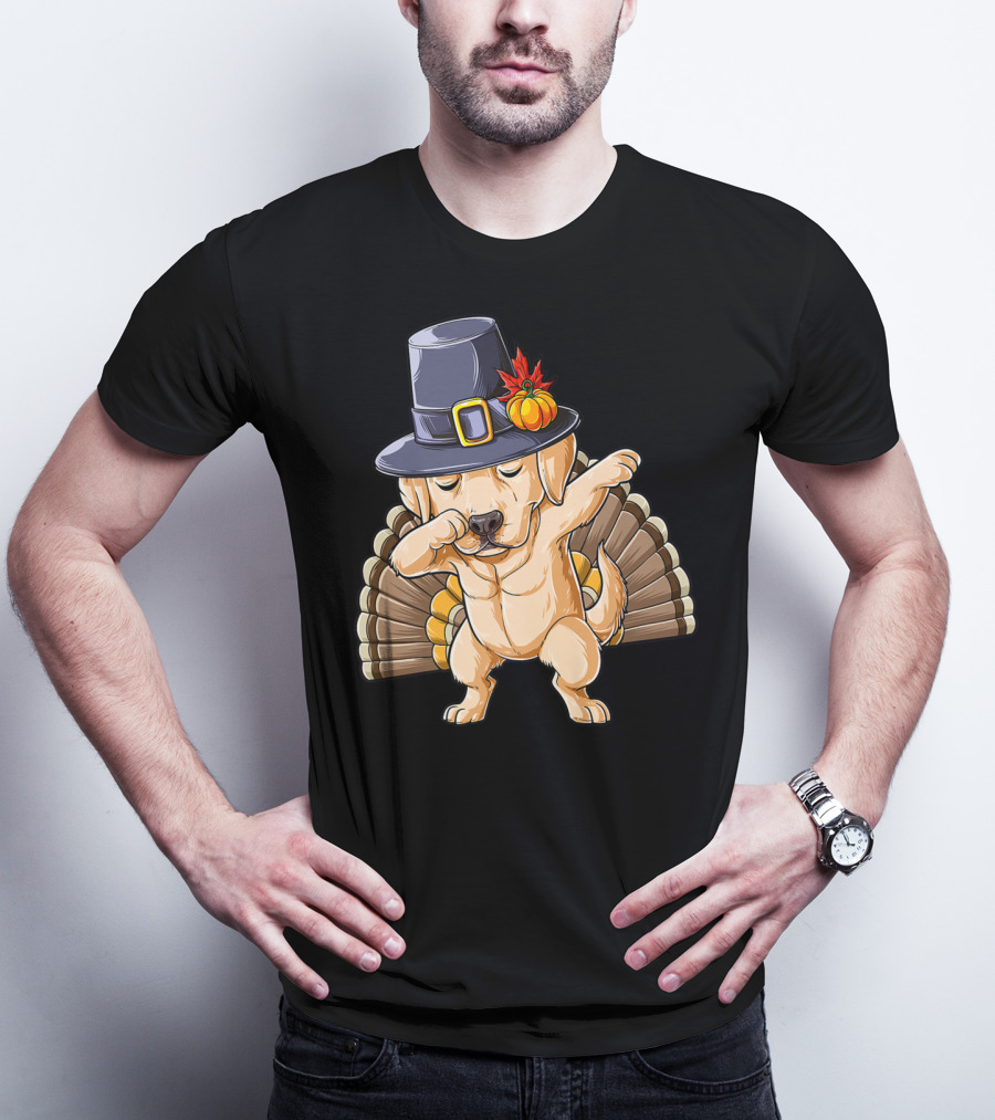 Thanksgiving Dabbing Labrador Wearing Pilgrim Hat With Turkey Tail T-Shirt
