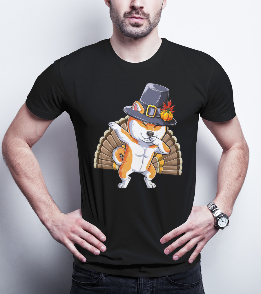 Thanksgiving Dabbing Shiba Inu Pilgrim Hat Turkey Background T-Shirt