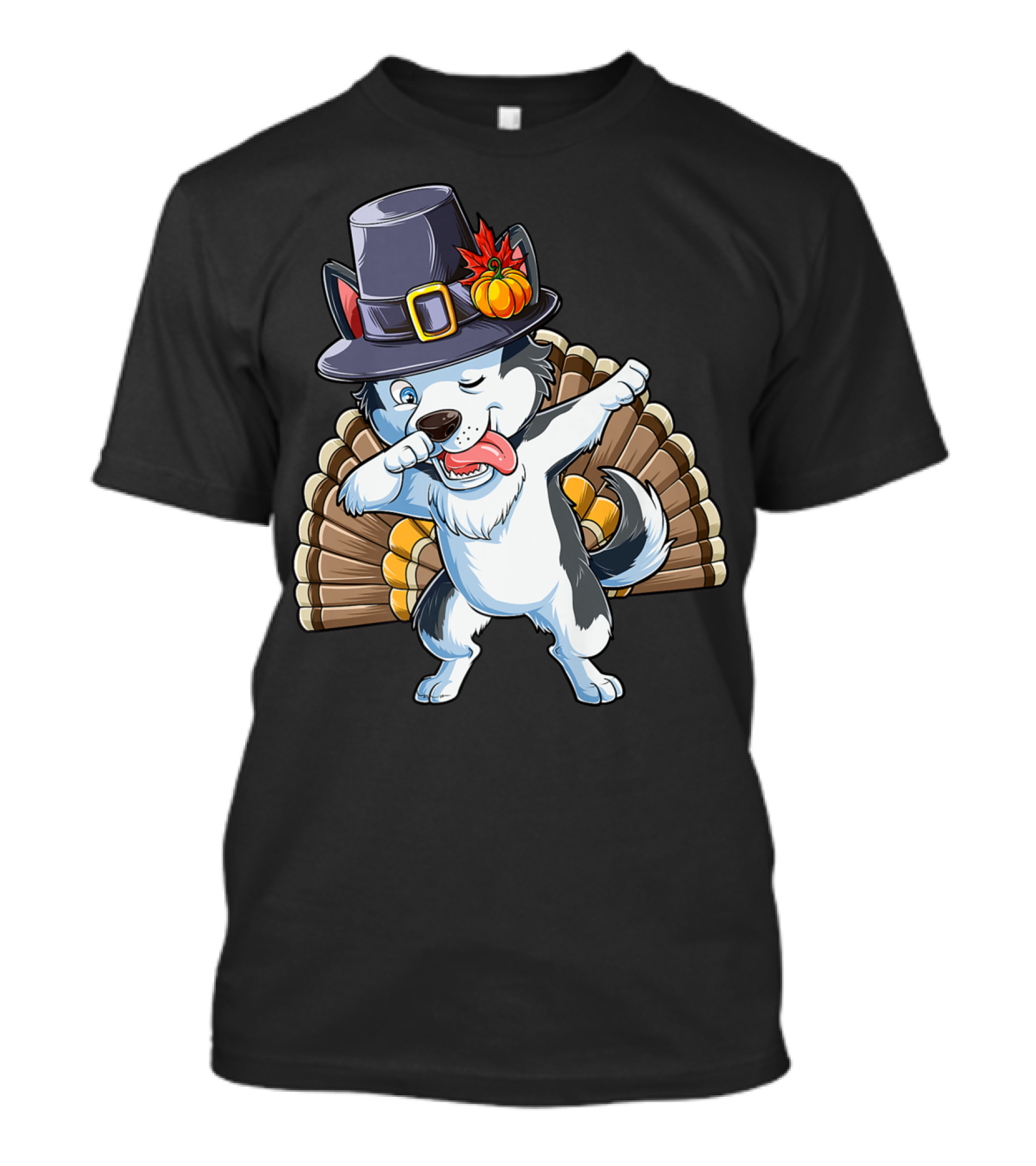 Thanksgiving Kids Dabbing Siberian Husky With Pilgrim Hat And Turkey Tail T-Shirt