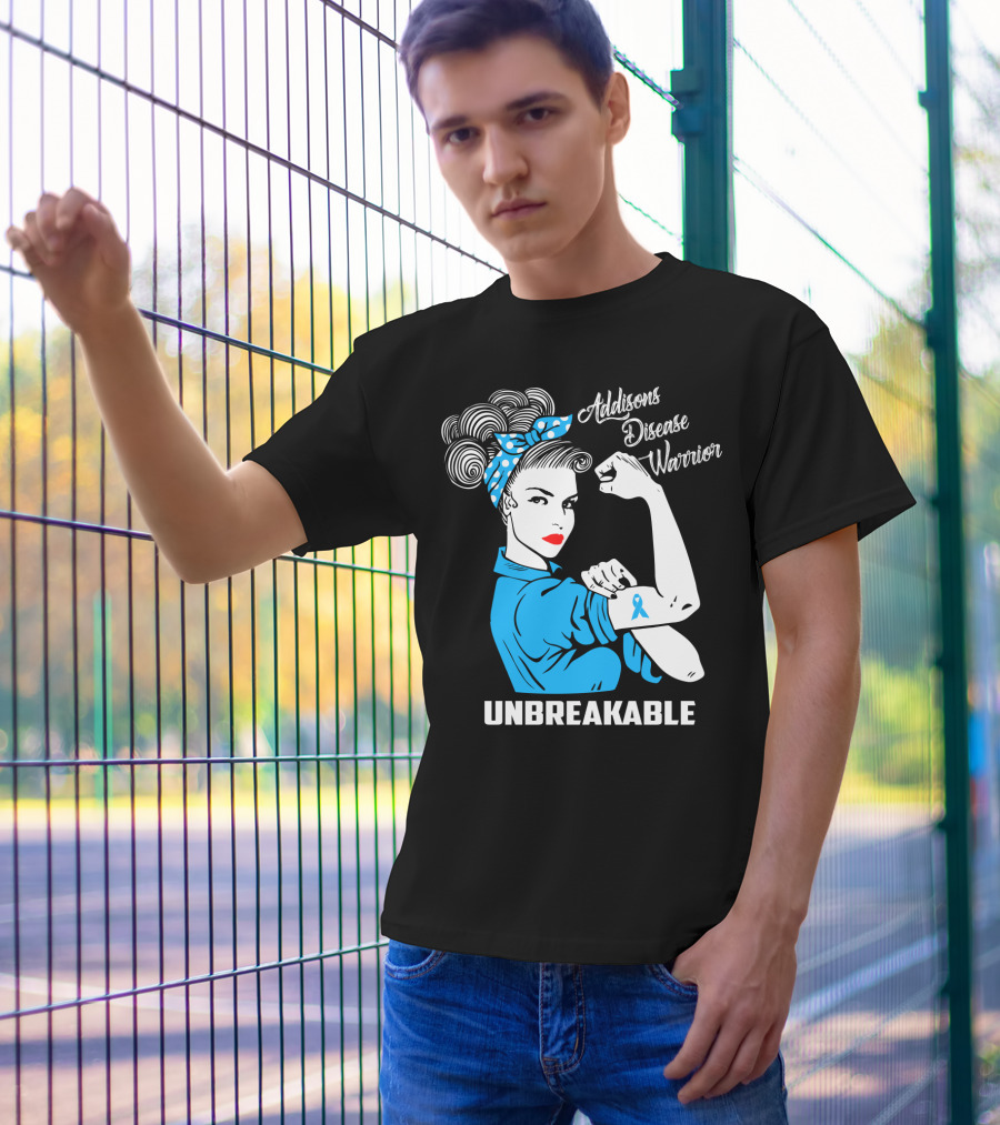 Addisons Disease Warrior Unbreakable Awareness Woman With Ribbon T-Shirt