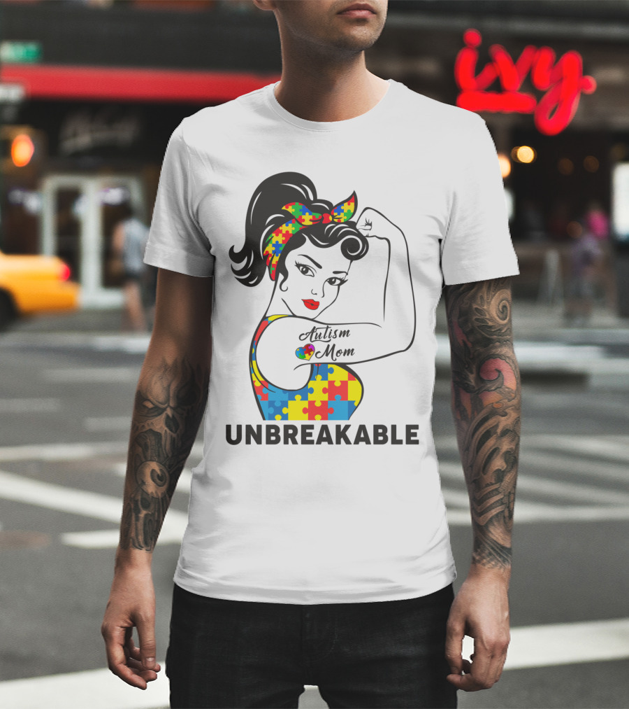 Autism Awareness Unbreakable Autism Mom Puzzle T-Shirt