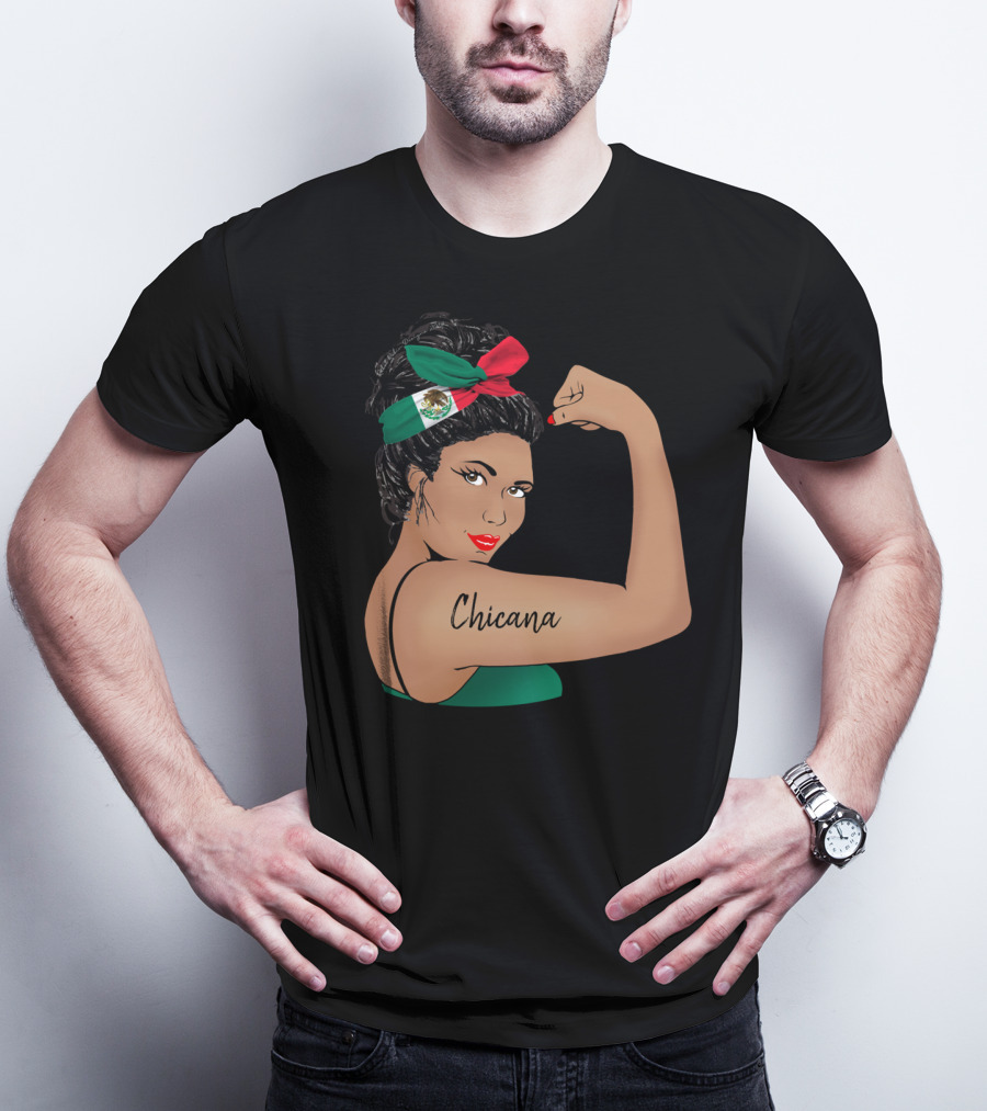 Chicana Girl Flexing With Mexican Flag Hair Wrap Unbreakable Strong T-Shirt