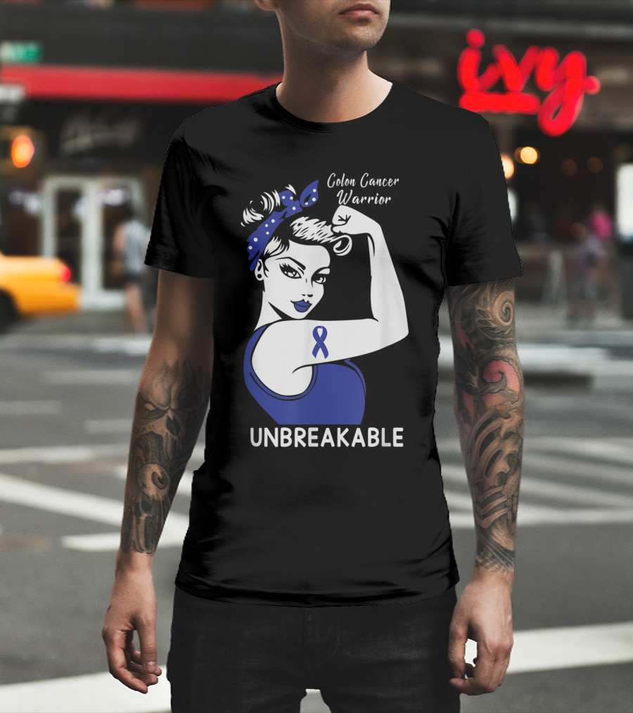Colon Cancer Warrior Unbreakable Strength Ribbon Rosie The Riveter Inspired T-Shirt