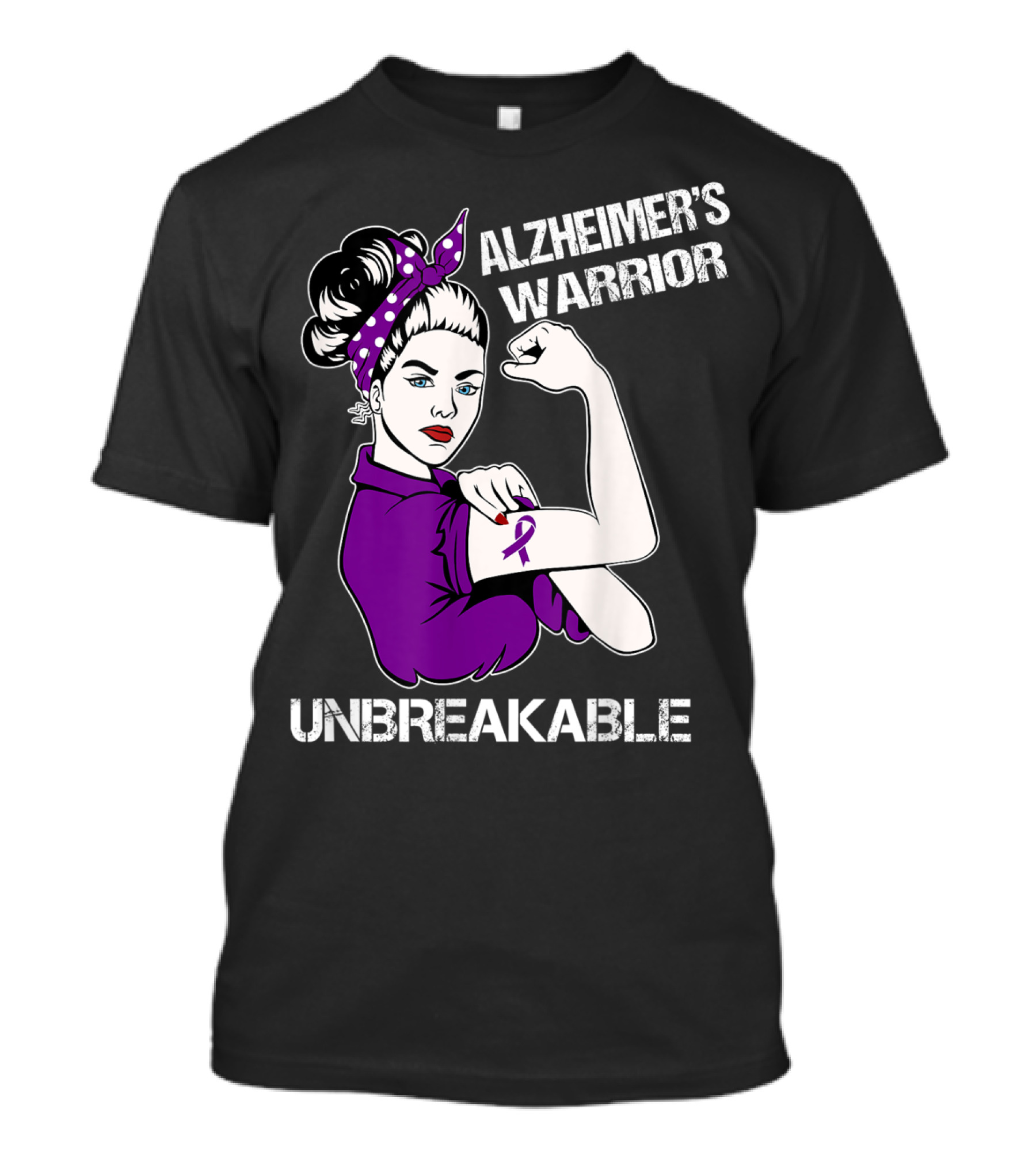 Alzheimer's Warrior Unbreakable Rosie The Riveter Style Purple Awareness T-Shirt