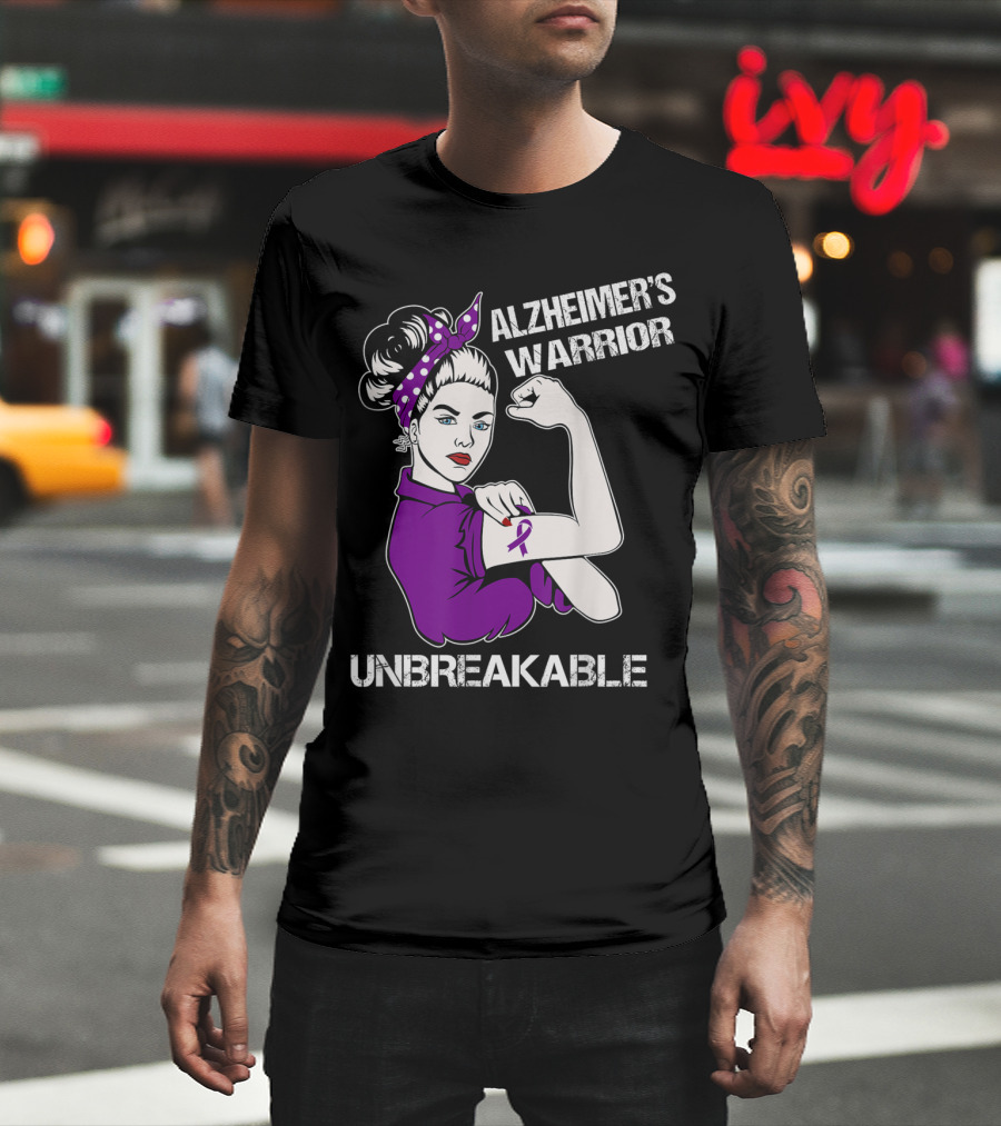 Alzheimer's Warrior Unbreakable Rosie The Riveter Style Purple Awareness T-Shirt