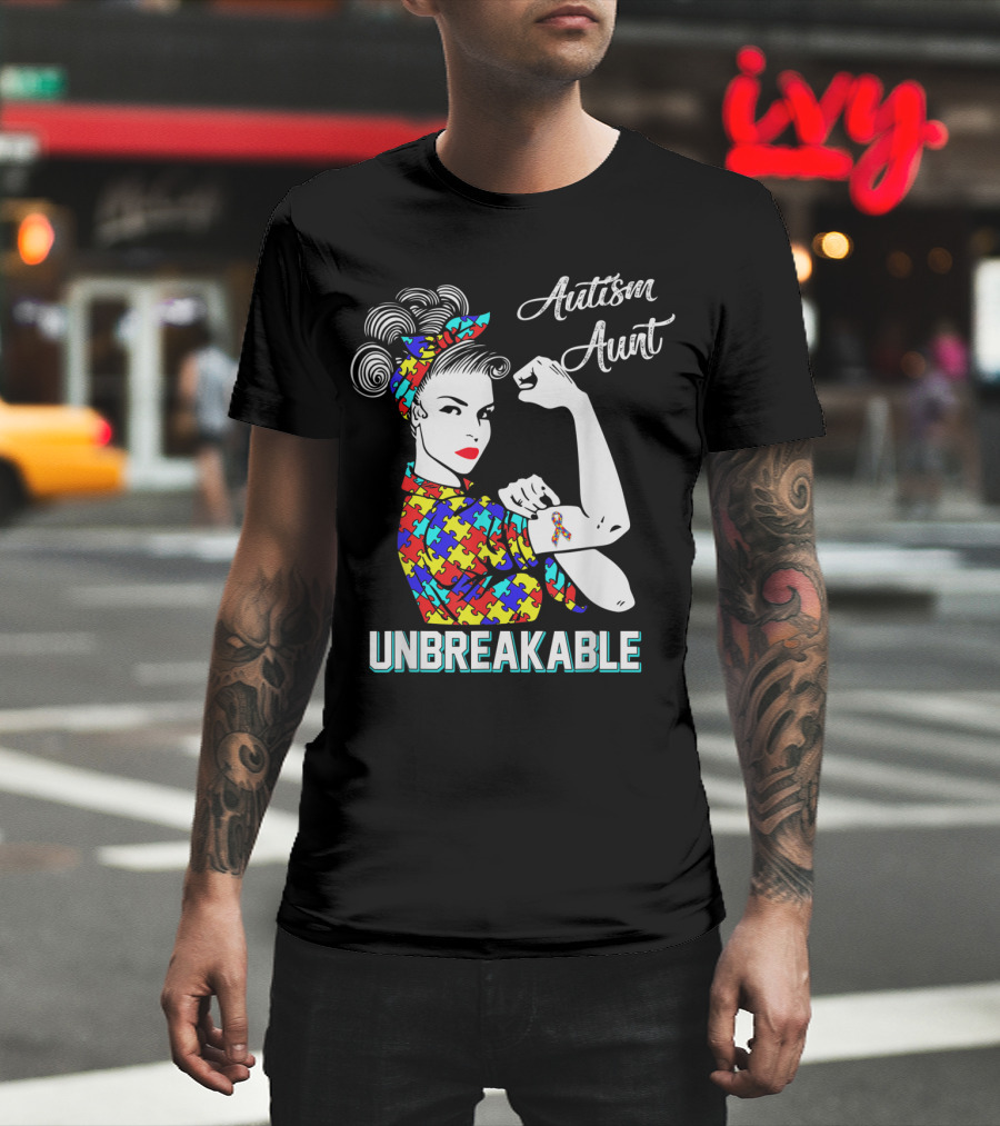 Autism Aunt Unbreakable Rosie The Riveter Puzzle Ribbon Awareness T-Shirt