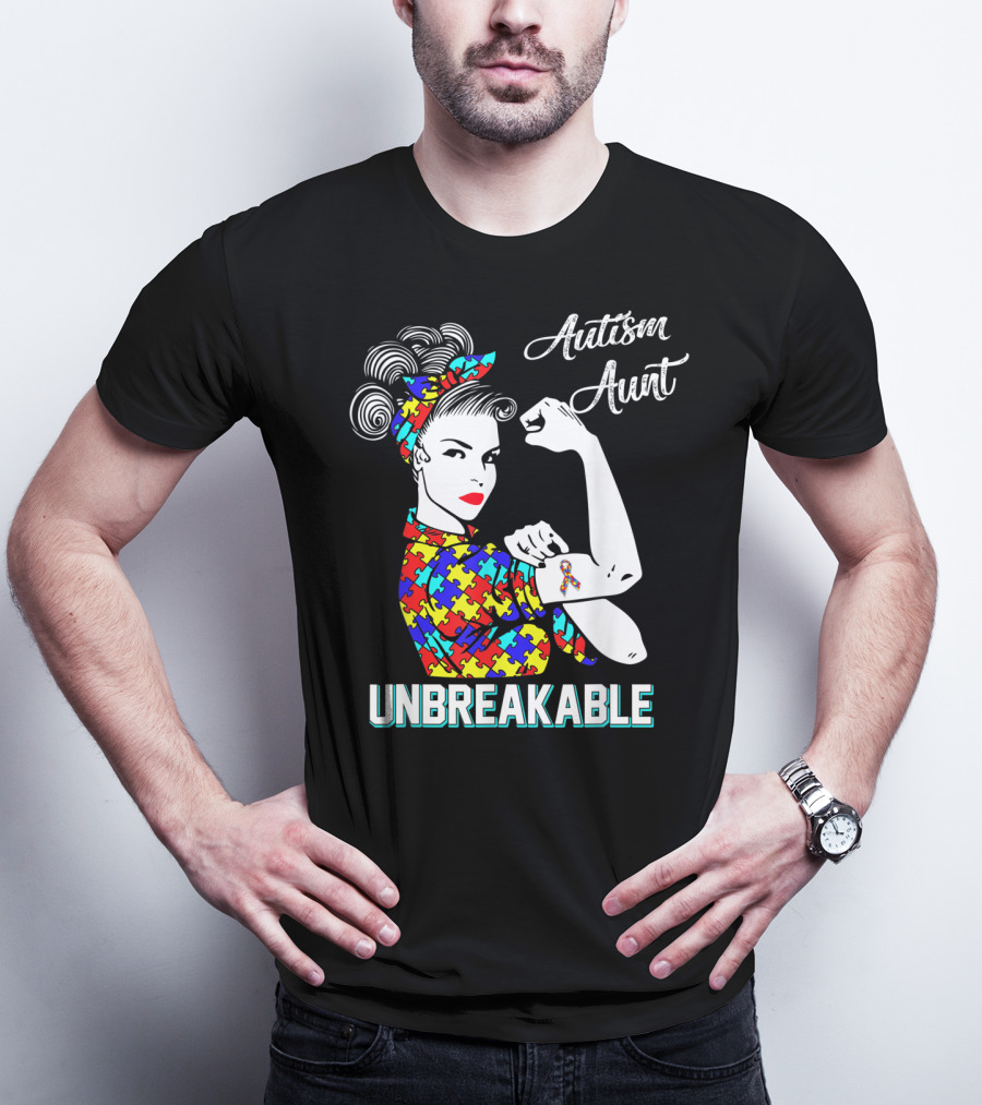 Autism Aunt Unbreakable Rosie The Riveter Puzzle Ribbon Awareness T-Shirt