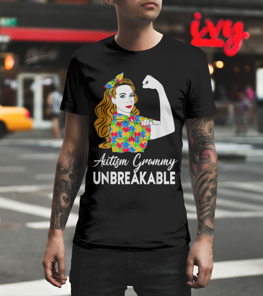 Autism Grammy Unbreakable Rosie Riveter Puzzle Piece Awareness T-Shirt