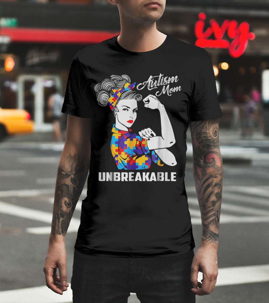 Autism Mom Unbreakable Autism Awareness Rosie The Riveter Puzzle T-Shirt