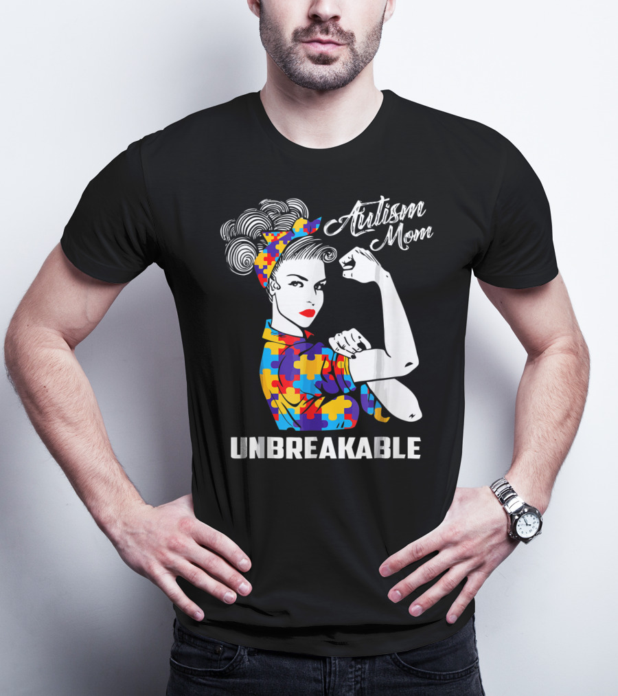 Autism Mom Unbreakable Autism Awareness Rosie The Riveter Puzzle T-Shirt