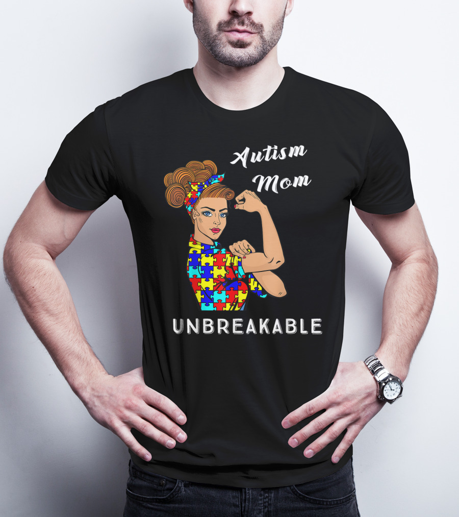 Autism Mom Unbreakable Awareness Puzzle Pattern Rosie The Riveter T-Shirt