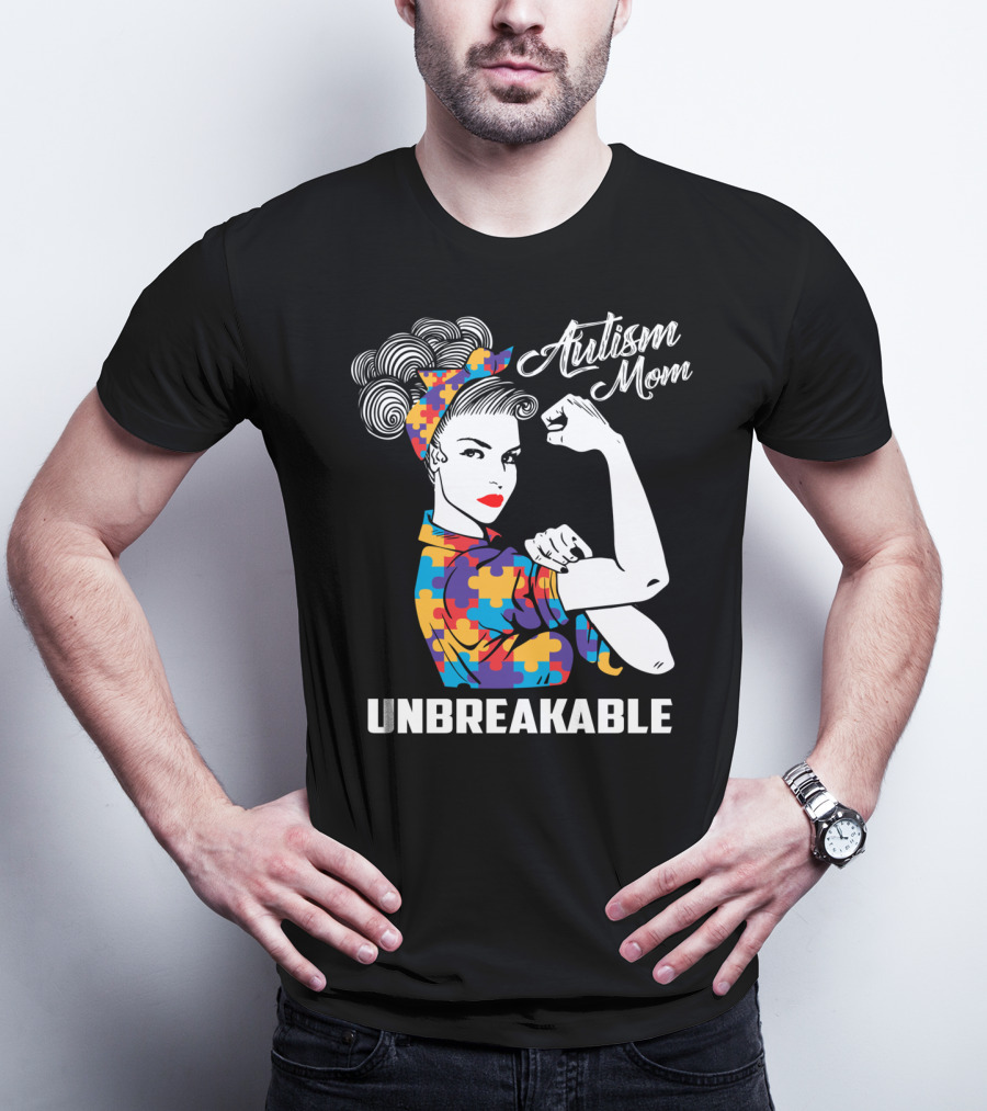Autism Mom Unbreakable Mama Autism Puzzle Pattern Iconic Rosie Riveter T-Shirt