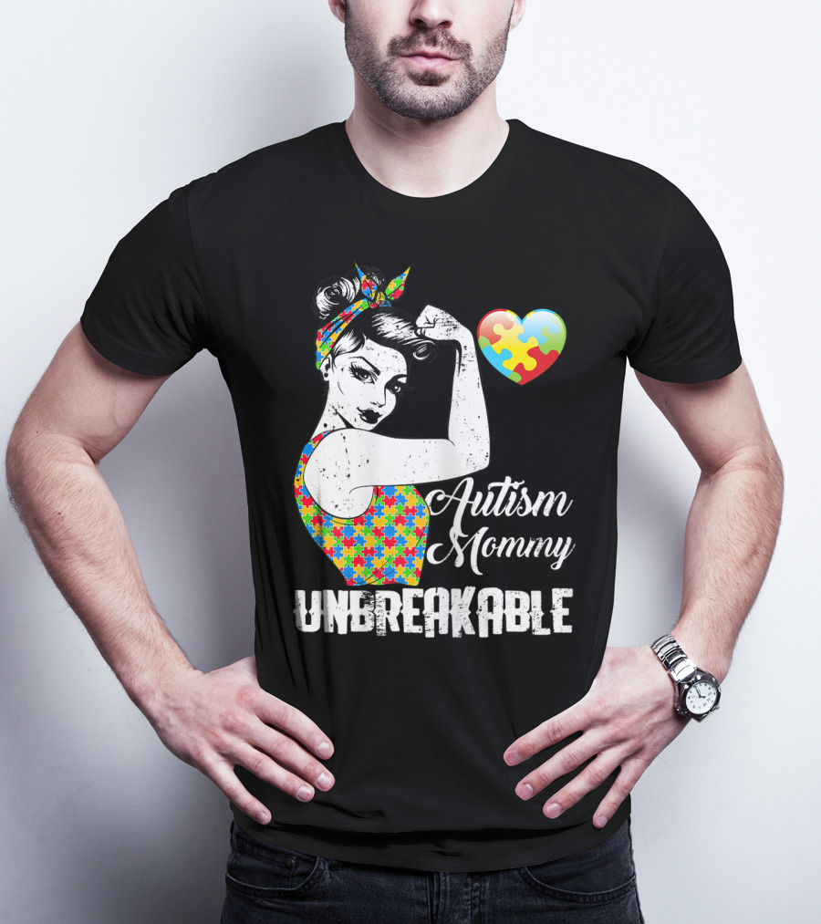 Autism Mommy Unbreakable Puzzle Heart Rosie The Riveter T-Shirt