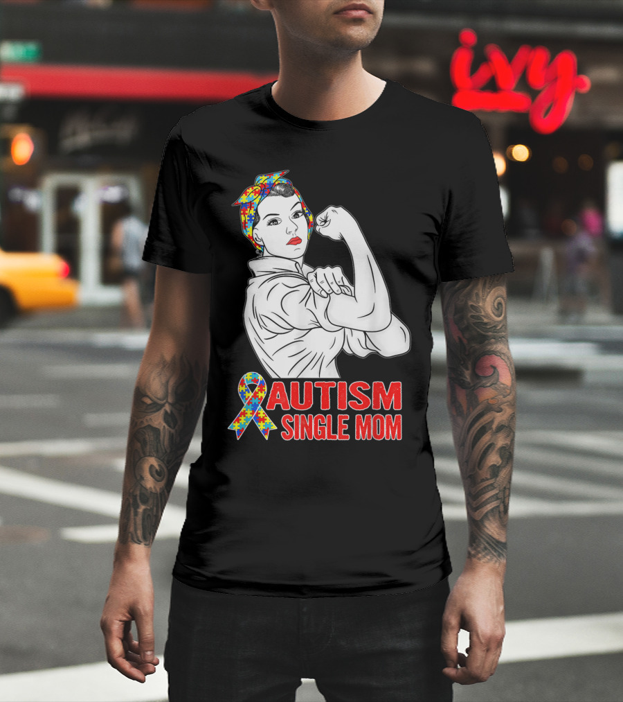 Autism Single Mom Unbreakable Awareness Rosie The Riveter Puzzle T-Shirt