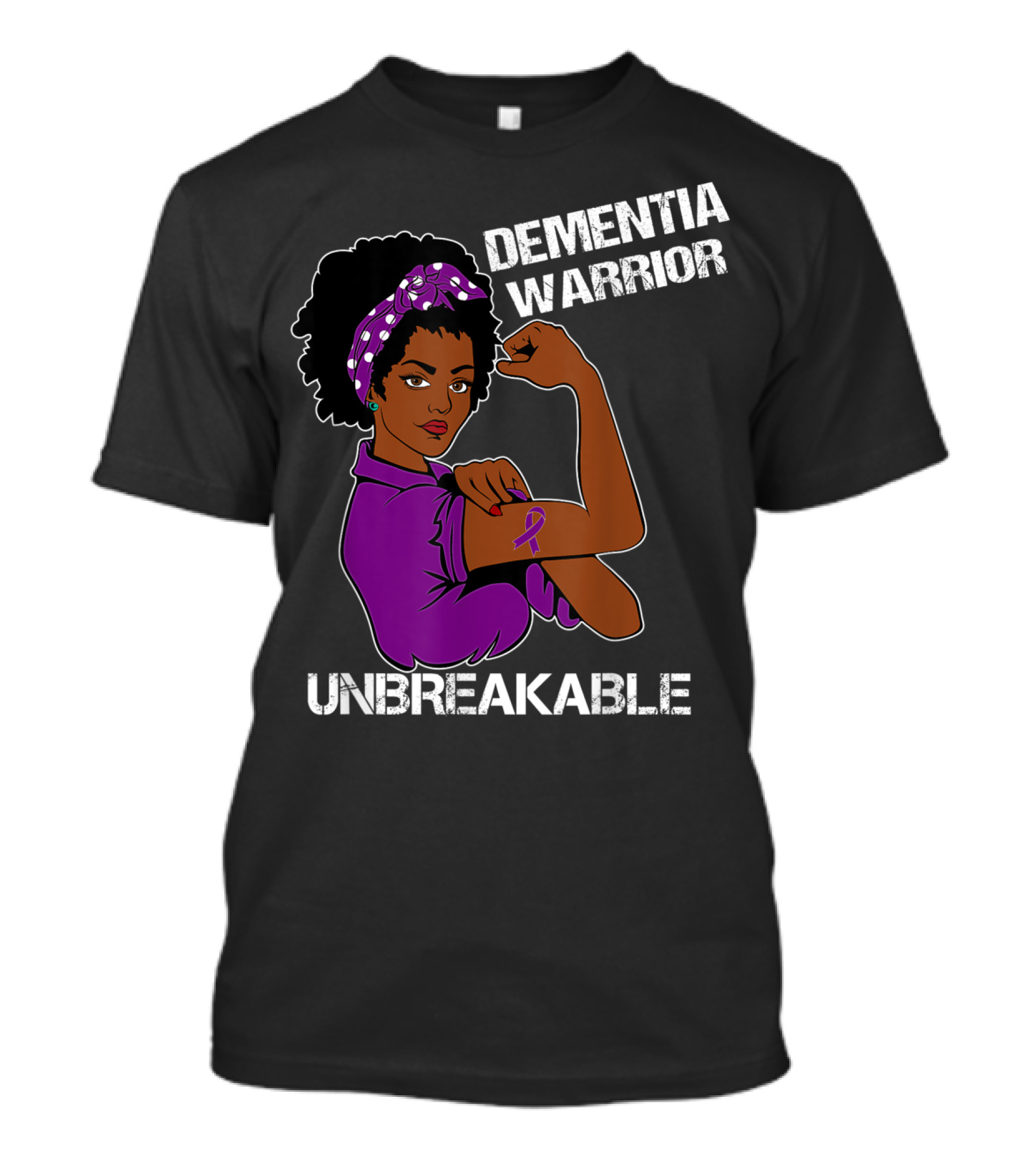Dementia Warrior Unbreakable Rosie The Riveter Woman With Purple Awareness T-Shirt