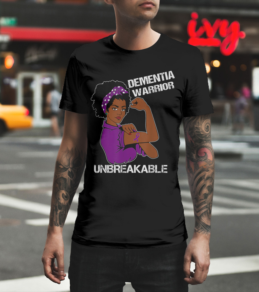 Dementia Warrior Unbreakable Rosie The Riveter Woman With Purple Awareness T-Shirt