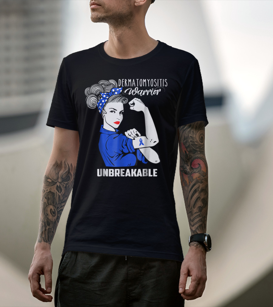 Dermatomyositis Warrior Unbreakable Awareness Flexing Rosie Icon With Blue T-Shirt