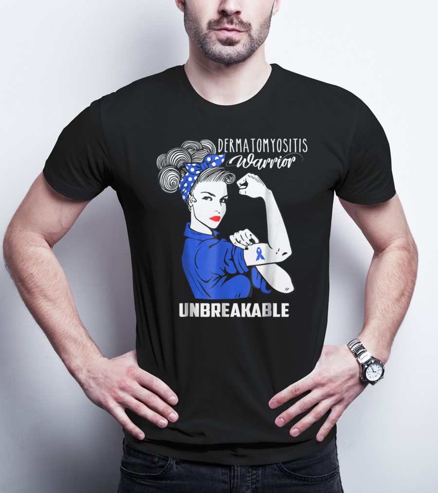 Dermatomyositis Warrior Unbreakable Awareness Flexing Rosie Icon With Blue T-Shirt