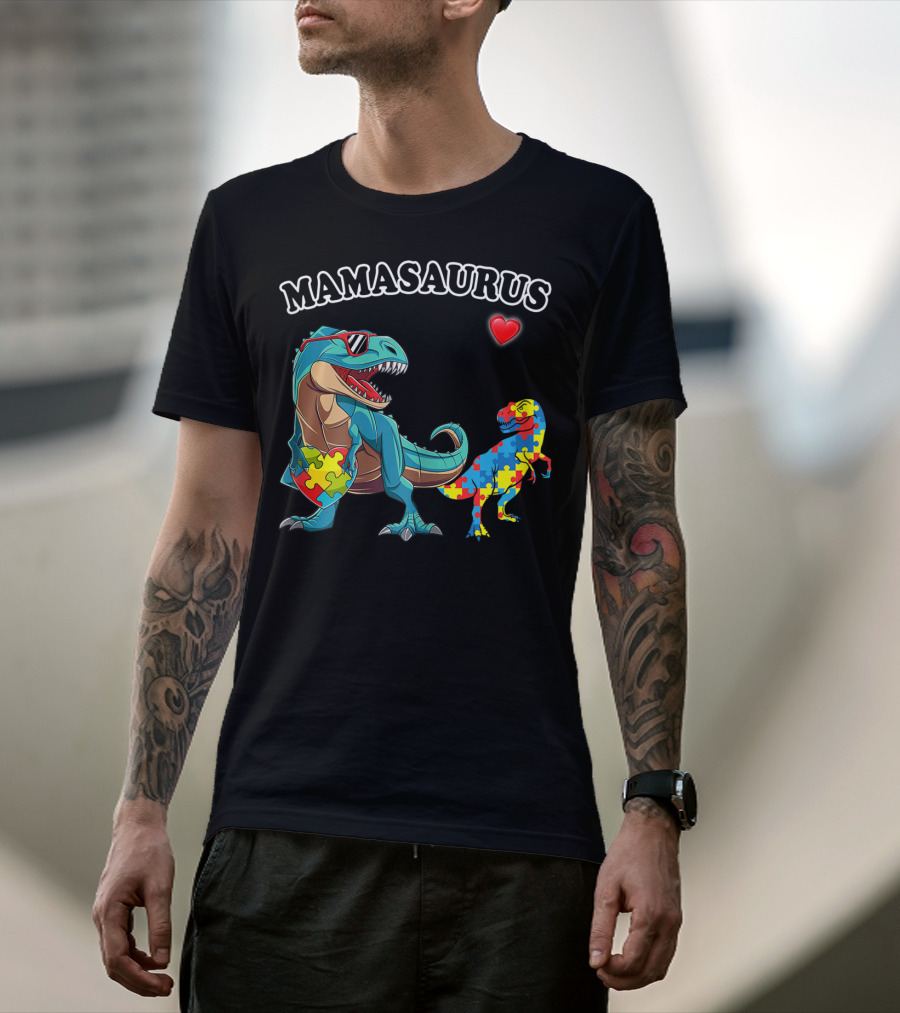 Mamasaurus Dinosaur Heart Puzzle Autism Awareness T-Shirt