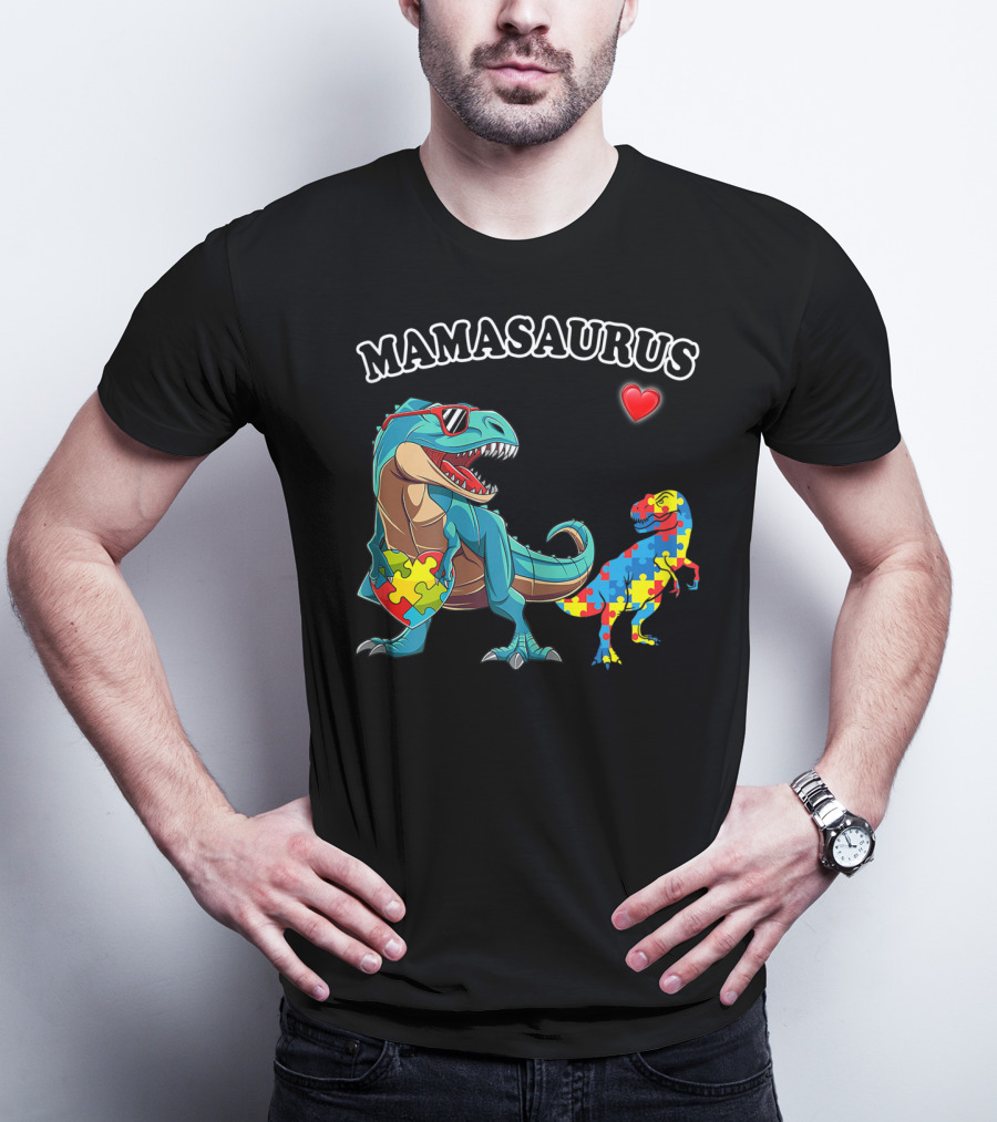 Mamasaurus Dinosaur Heart Puzzle Autism Awareness T-Shirt