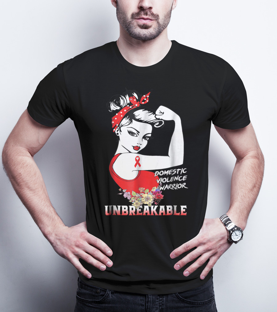 Domestic Violence Warrior Unbreakable Red Ribbon Rosie The Riveter Floral T-Shirt