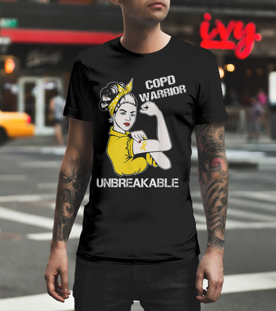 COPD Warrior Unbreakable Rosie Riveter Style Yellow T-Shirt