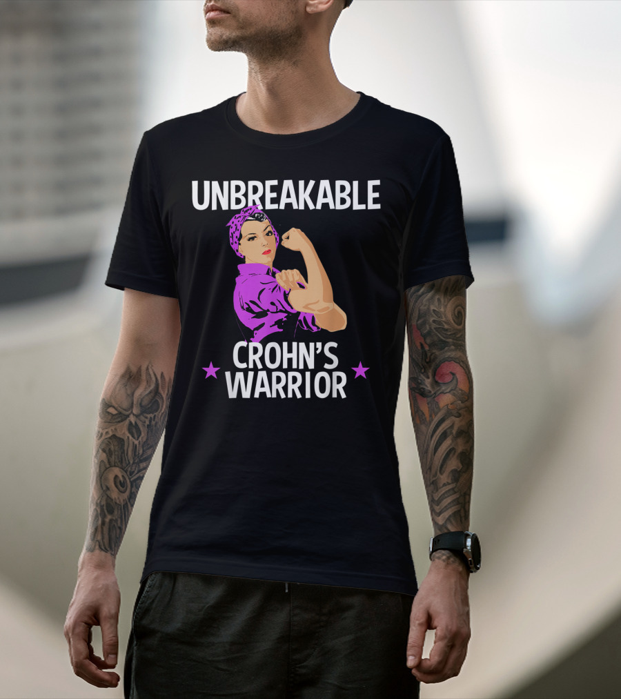 Unbreakable Crohn's Warrior Purple Awareness Rosie The Riveter T-Shirt