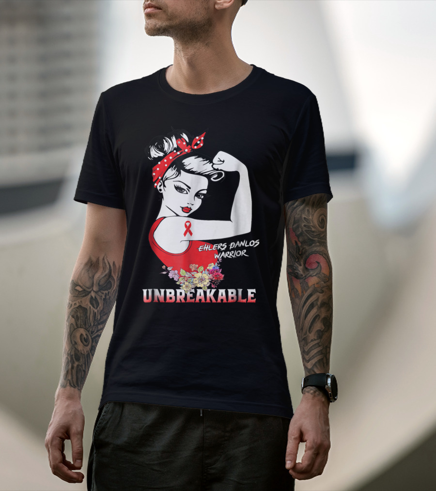 Ehlers Danlos Warrior Unbreakable Rosie The Riveter Style With Ribbon And Floral Elements T-Shirt