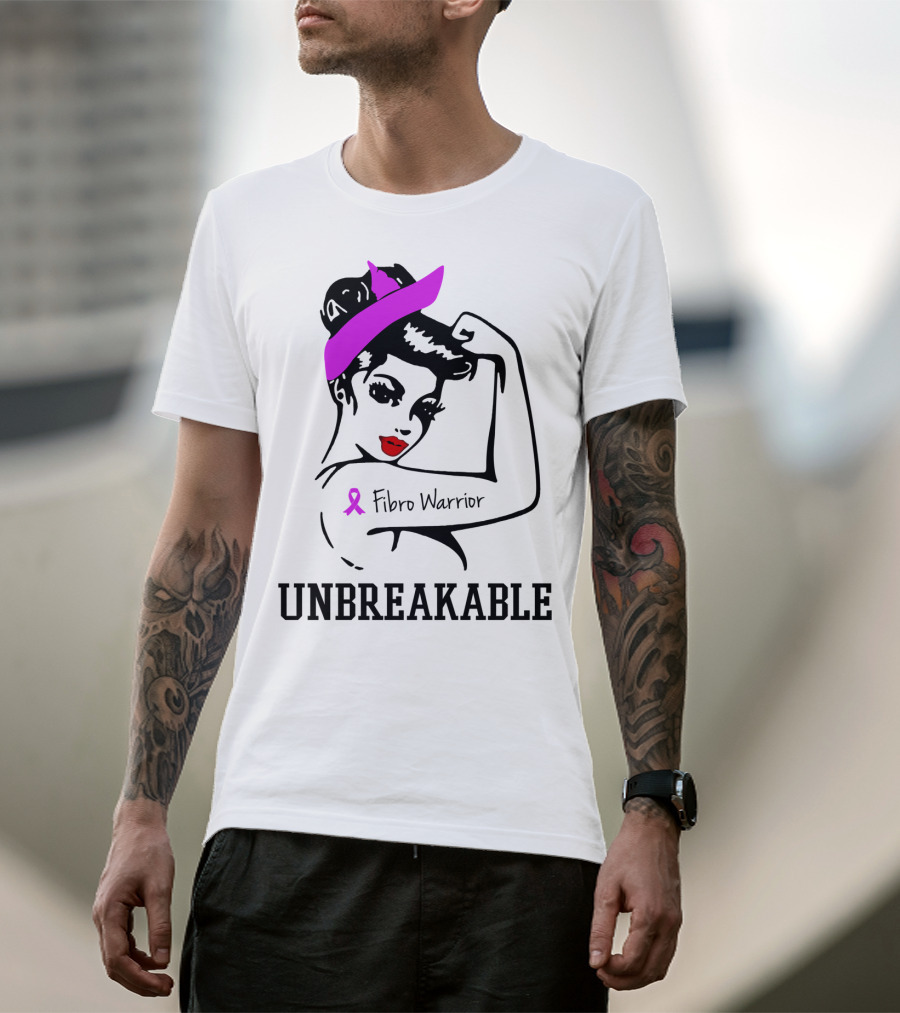 Fibro Warrior Unbreakable Strong Woman With Pink Ribbon And Purple Hair Bow T-Shirt