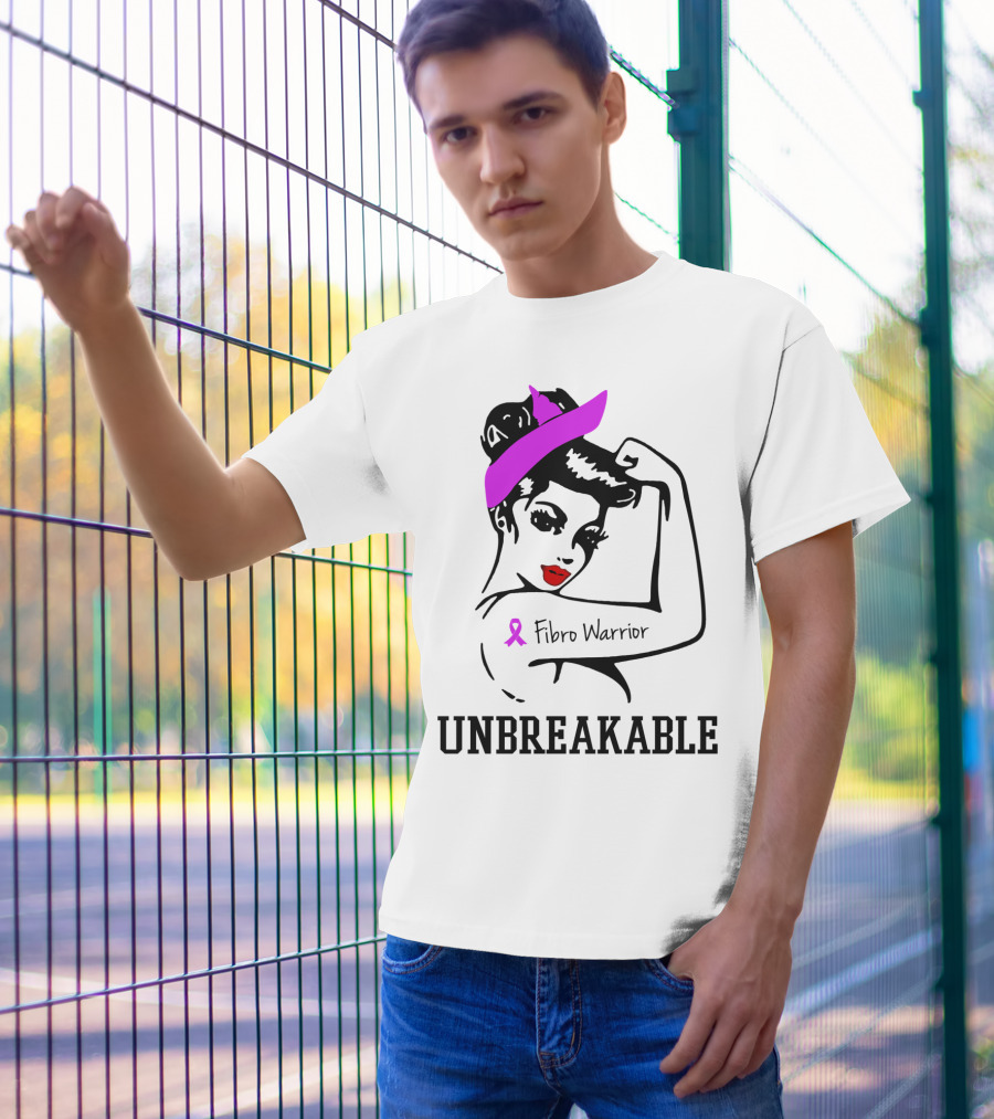 Fibro Warrior Unbreakable Strong Woman With Pink Ribbon And Purple Hair Bow T-Shirt