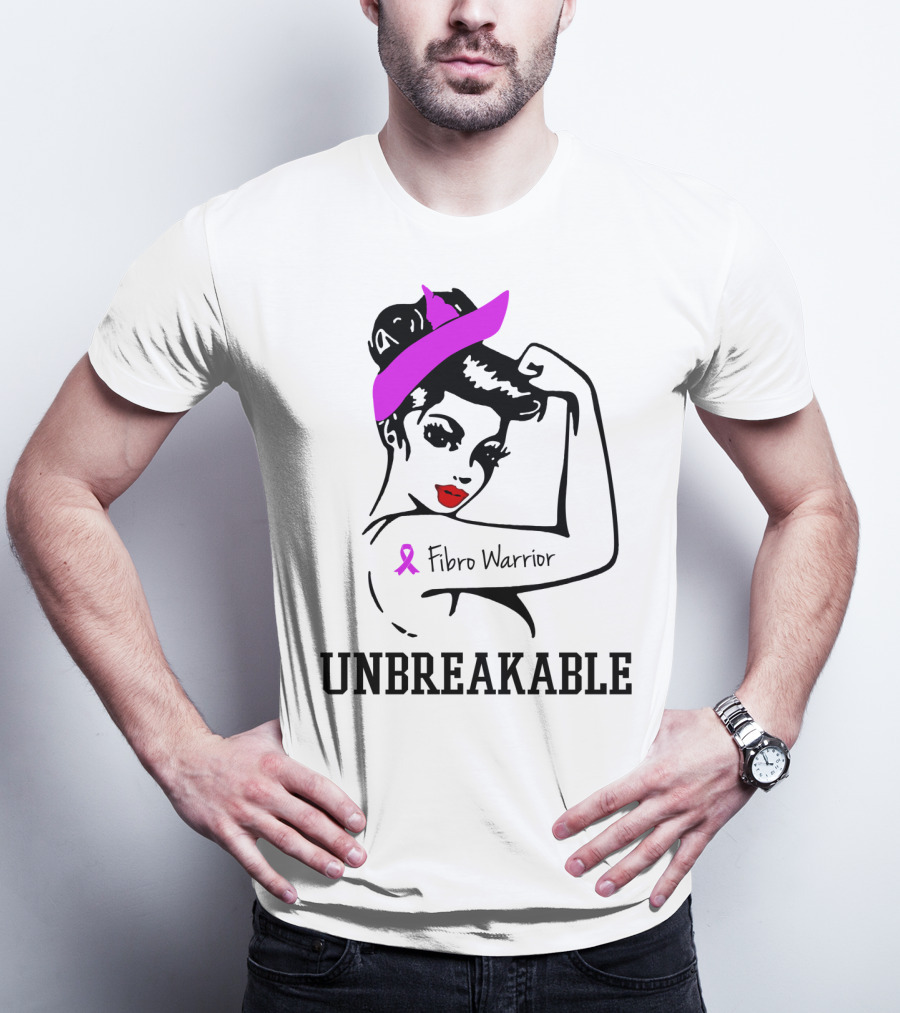 Fibro Warrior Unbreakable Strong Woman With Pink Ribbon And Purple Hair Bow T-Shirt