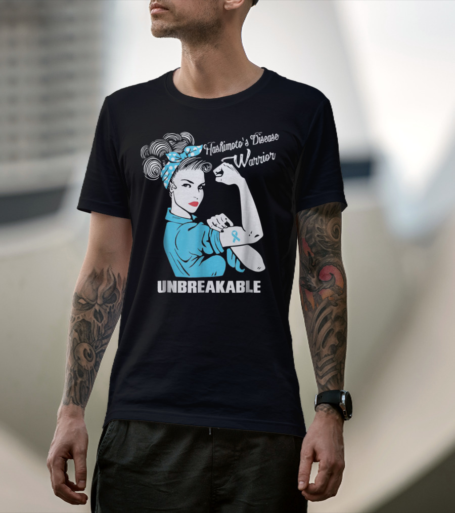 Hashimoto's Disease Warrior Unbreakable Rosie Riveter Style Blue Awareness T-Shirt