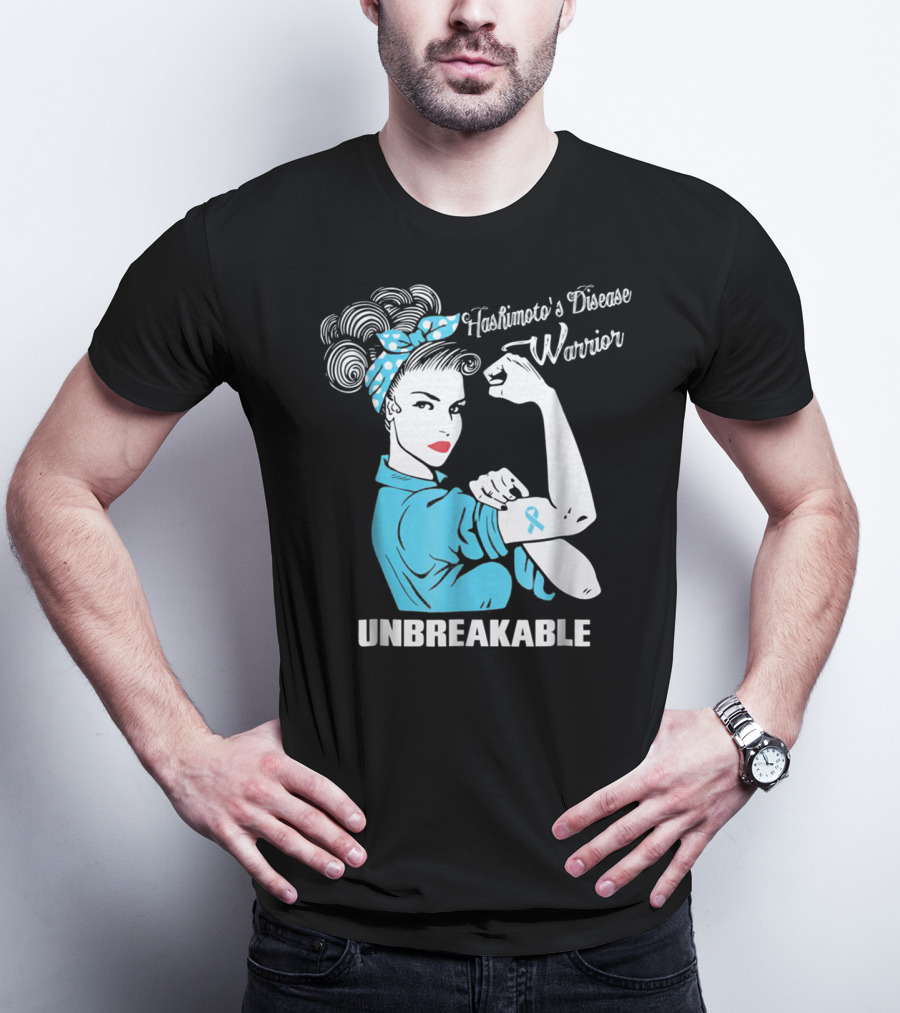Hashimoto's Disease Warrior Unbreakable Rosie Riveter Style Blue Awareness T-Shirt