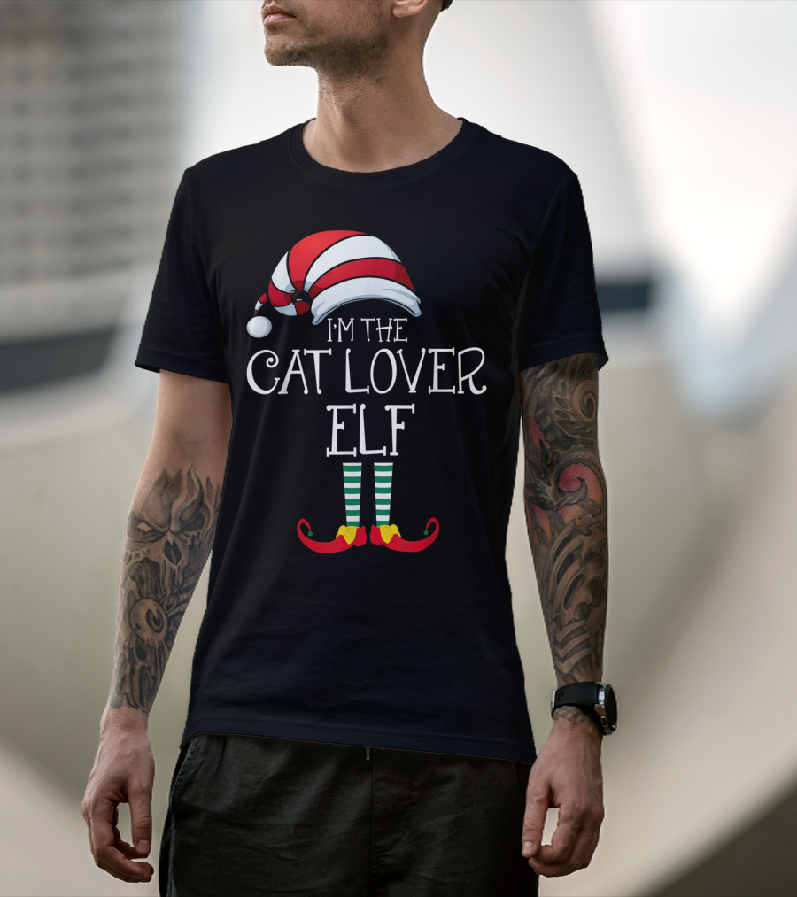 I'm The Cat Lover Elf Family Christmas Hat And Striped Socks T-Shirt