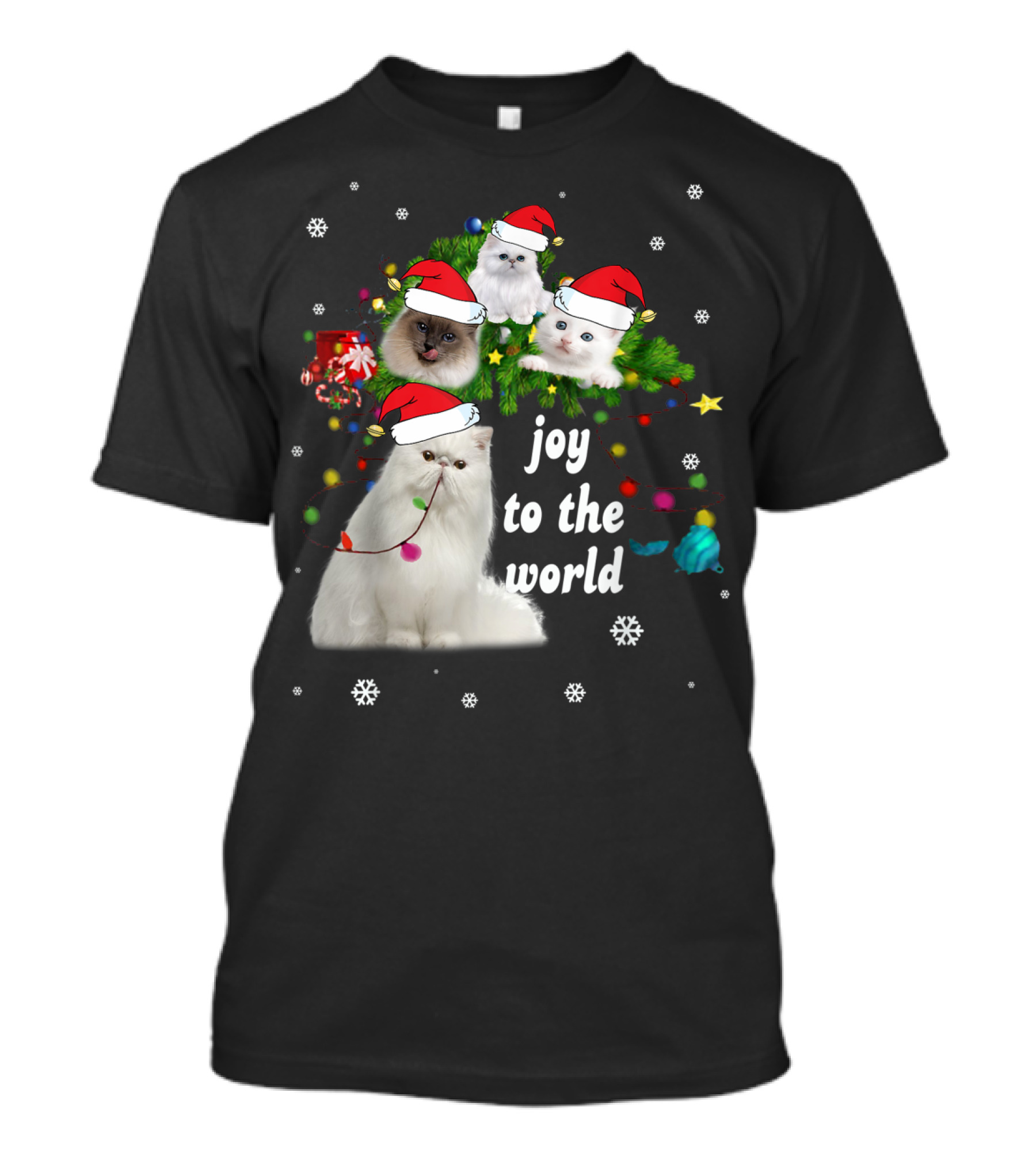 Joy To The World Christmas Cats With Santa Hats And Snowflakes T-Shirt