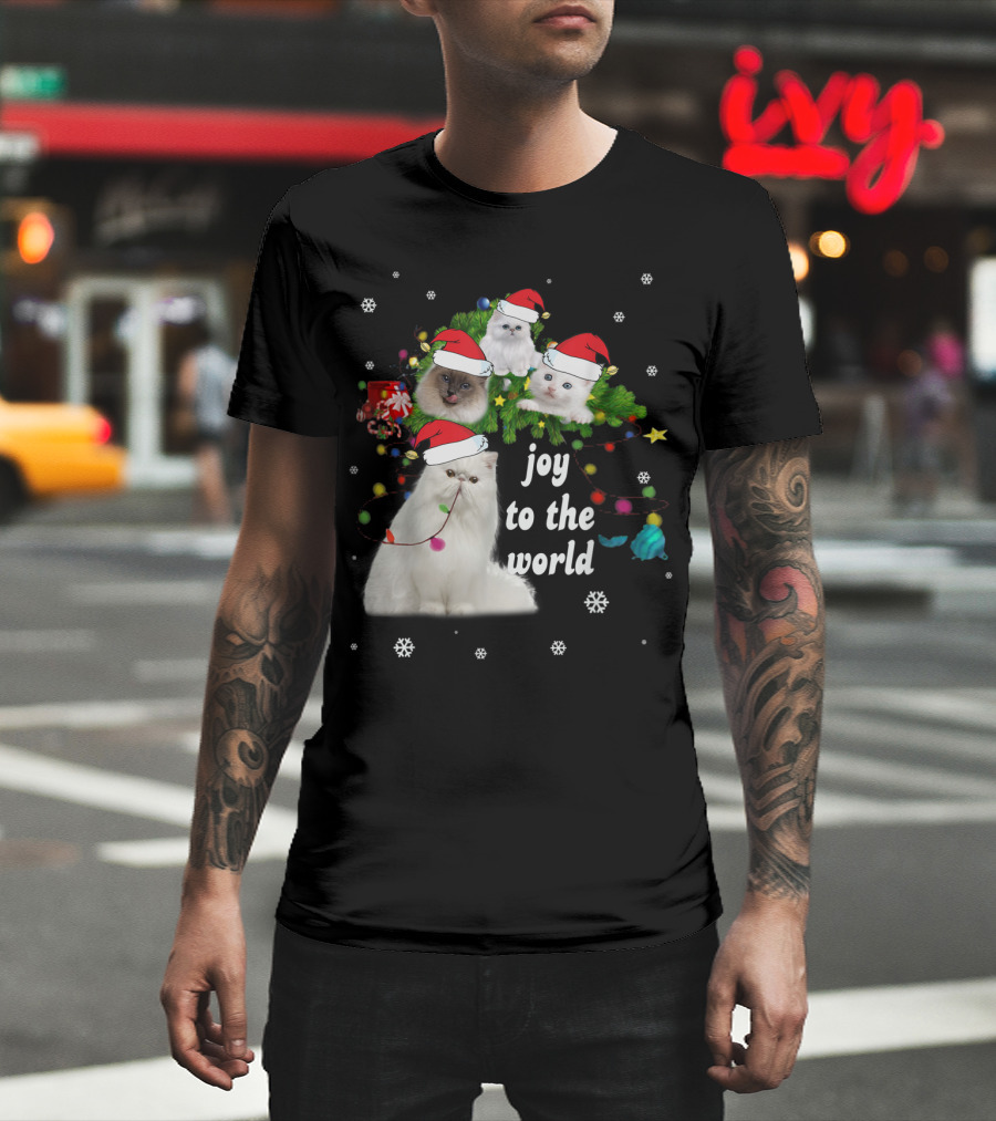 Joy To The World Christmas Cats With Santa Hats And Snowflakes T-Shirt